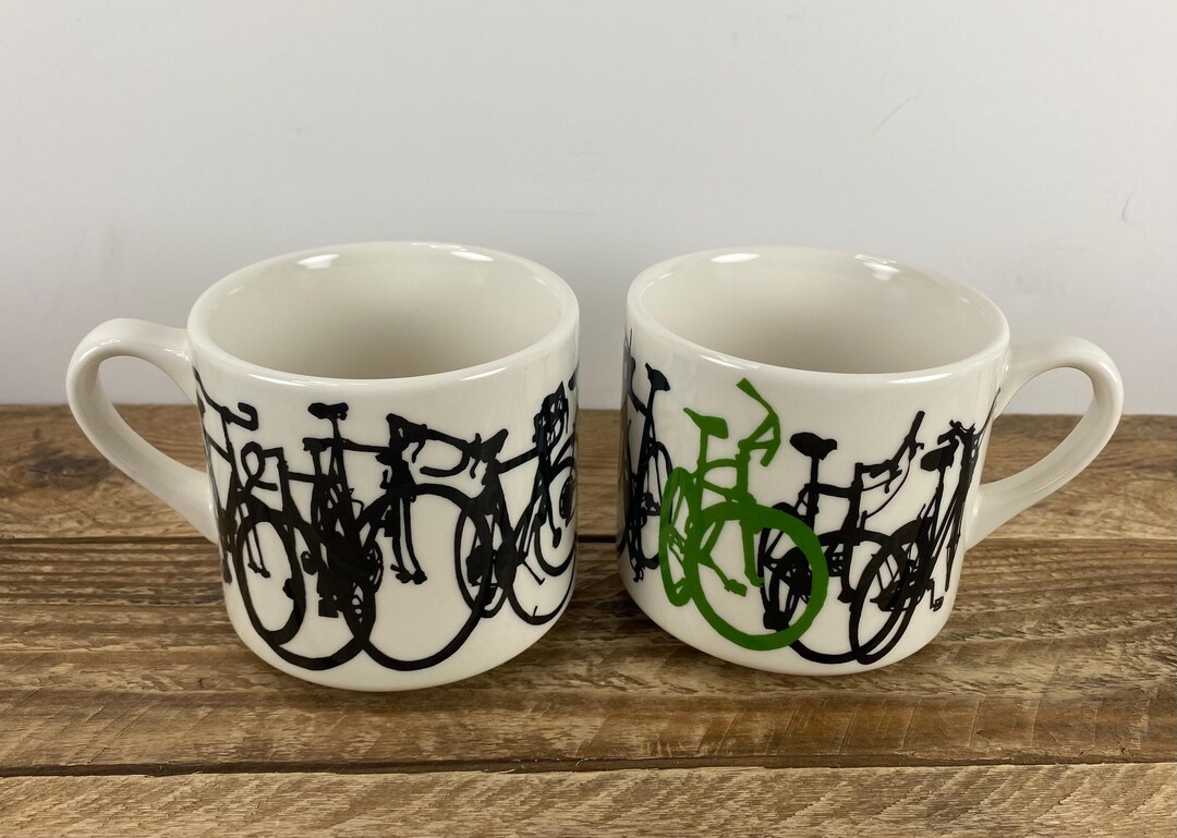 Set of 2 Fishs Eddy Taliah Lempert 12 Oz BICYCLE Mugs 3 3/8", White ...