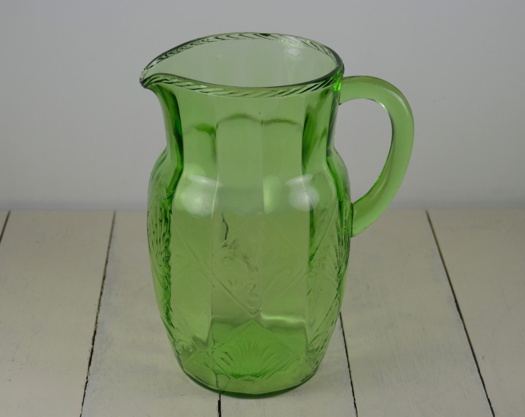 Green Depression Uranium Glass Pitcher 52 Oz, 8 1/8, Rope Edge, Fan ...