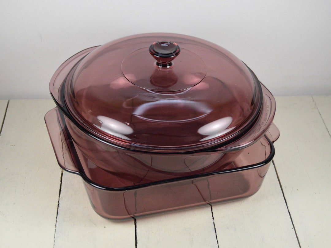 2 Pcs Pyrex CRANBERRY Ovenware, 1) 222-R 2 Quart Square Baker, 1) 024 ...