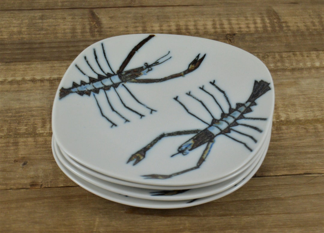 Set of 4 BLUE PRAWN 6.5" Appetizer Plates, Rounded Square-ish Shape ...