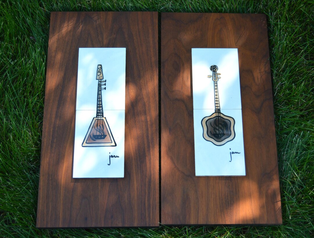 Pair of JARU Guitar Art Tiles Mounted on 10" X 20" Wood Panels, Signed ...