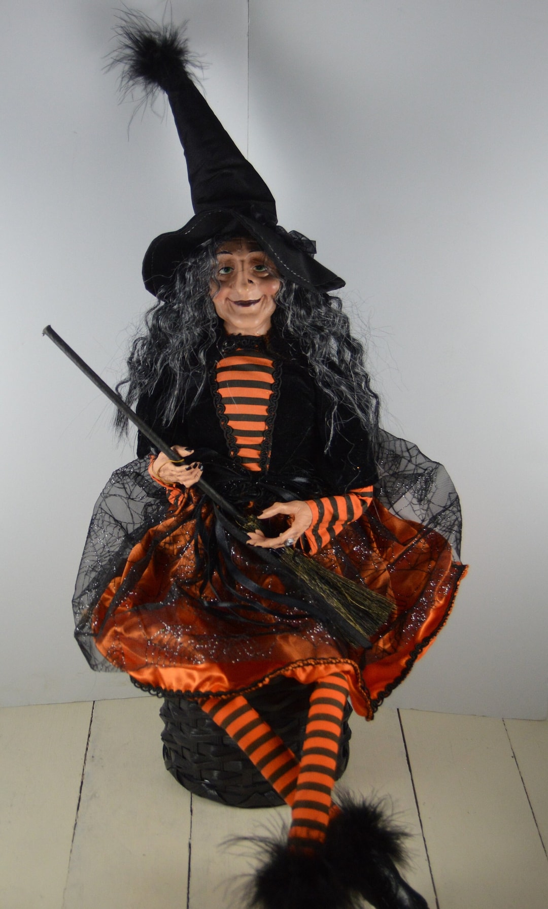 Large Halloween Shelf Sitter WITCH With Broom and Hat 16", Striped ...