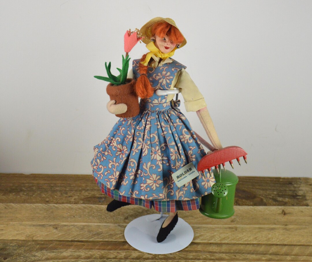 ROLDAN Klumpe Gardening Doll With Braided Red Hair 11.25", Flower Rake ...