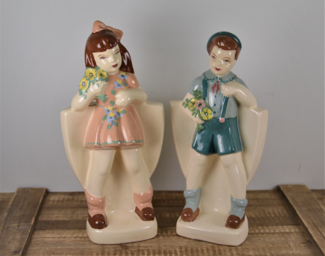 Large Set of 2 Weil Ware California Pottery Girl and Boy Pair Planter ...