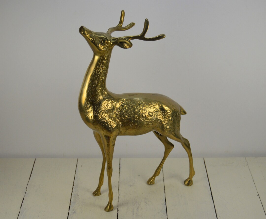 Vintage 13" Brass Deer Buck Statue, Male Deer Antlers Reindeer, Metal ...