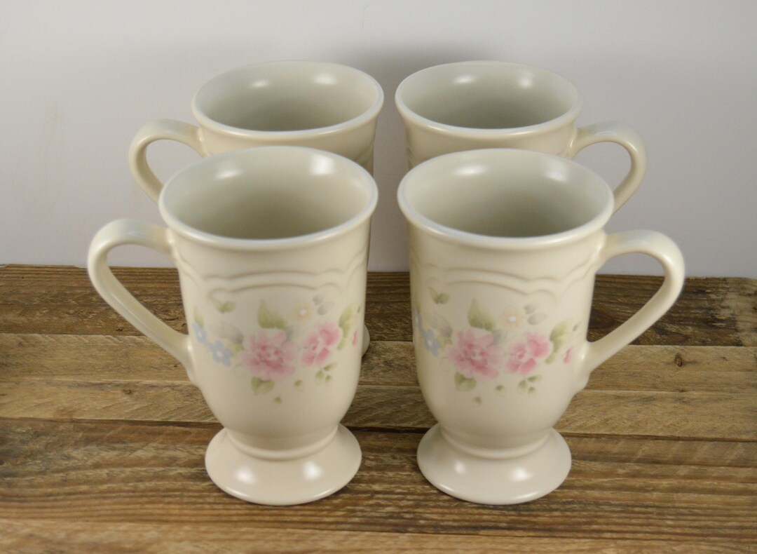 Set of 4 Pfaltzgraff TEA ROSE 18 Oz Footed Latte Mugs, Natural With ...