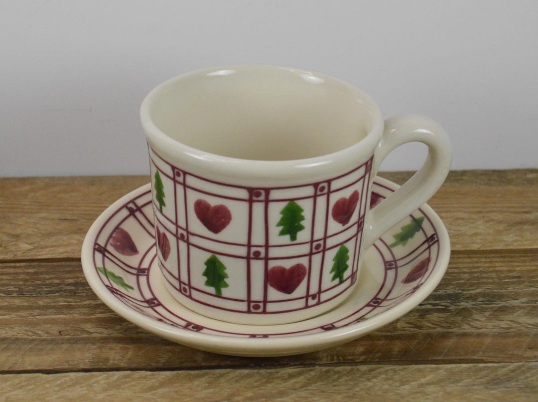 Hartstone HEARTS & TREES 12 Oz Flat Cup and Saucer Set, Natural With ...