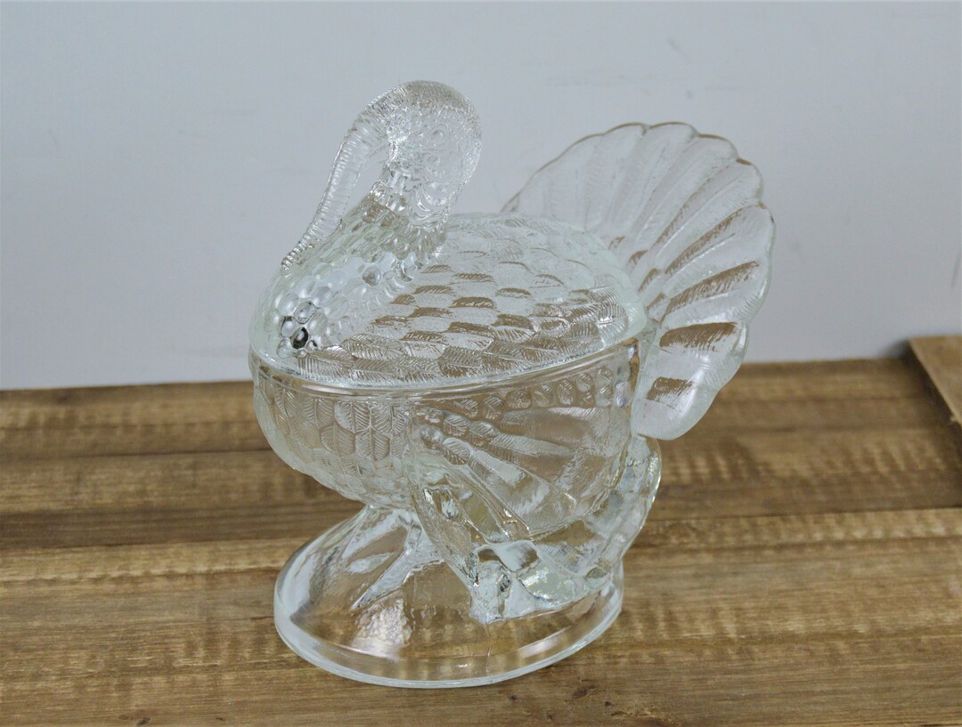 Smith Glass 7" Clear Glass Turkey Dish, Pressed Glass Feathers, Turkey ...