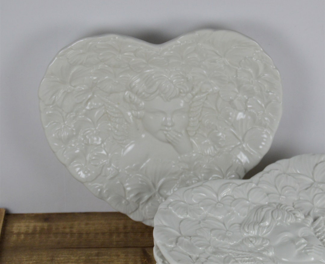Set of 4 Italian Ceramic Heart Plates 7597 With Cherub and Flowers 8.5 ...