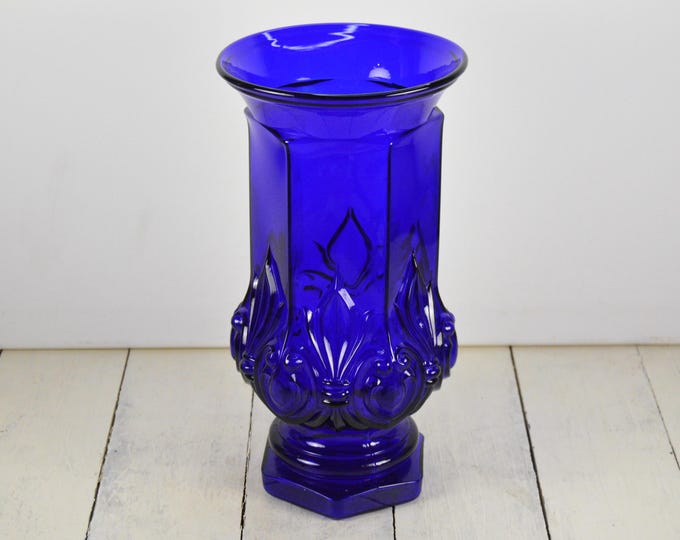 Tiara 10" QUEENS VASE Cobalt Blue, Round Rim Paneled Sides and Base ...
