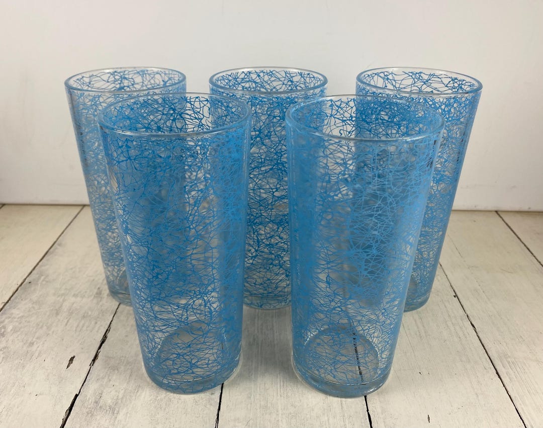 Set of 5 Spaghetti String Drizzle Blue 14 Oz Tumblers, Clear Glass With ...
