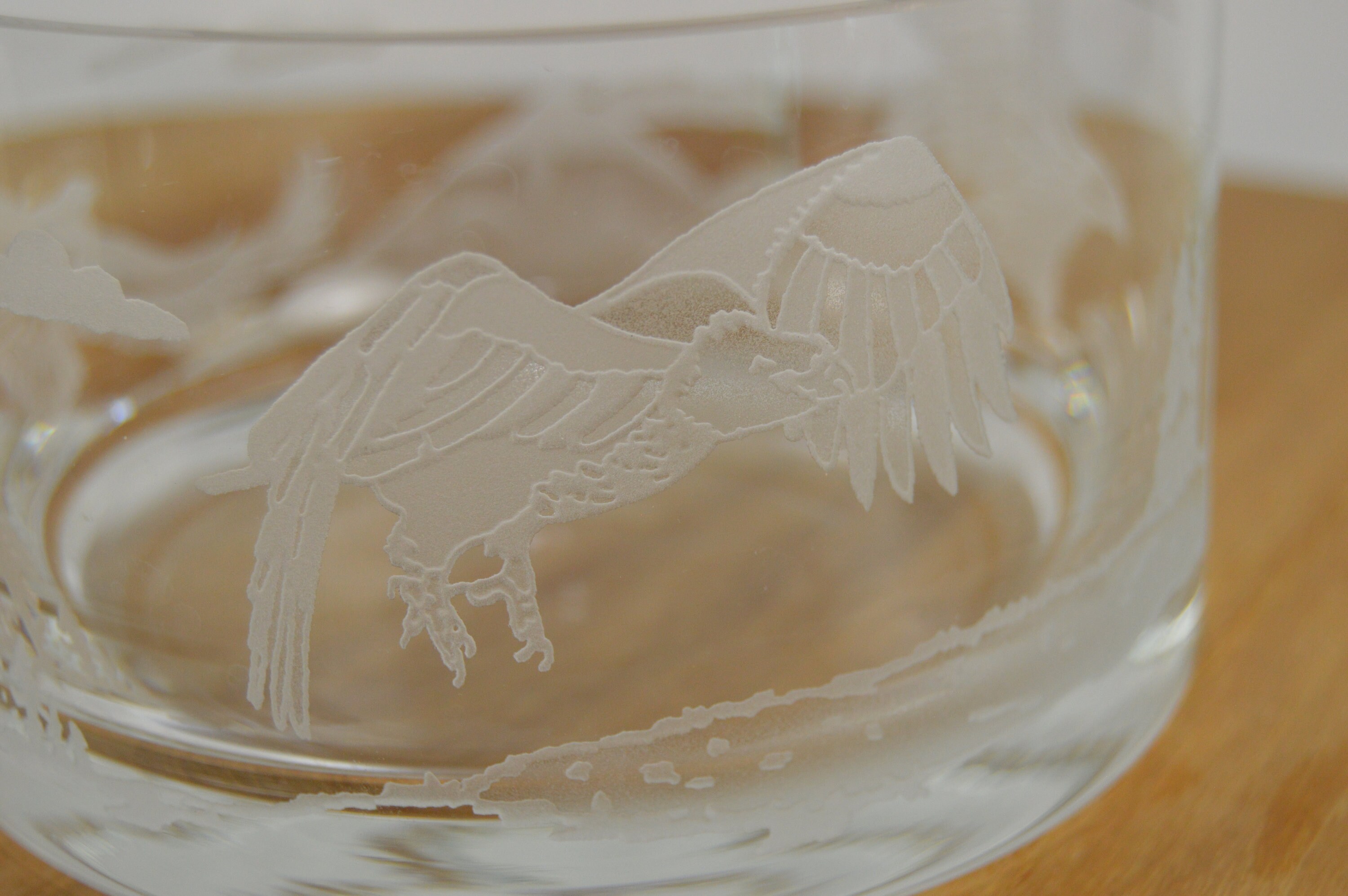 Perry Coyle Signed 5 3/8" Glass Etched Bowl, Three Eagles Flying ...