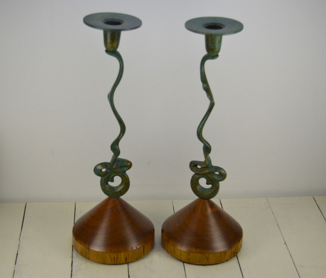 Pair of 14" Artist Robert J. Gehrke Candlesticks, Cast Bronze With Wood ...
