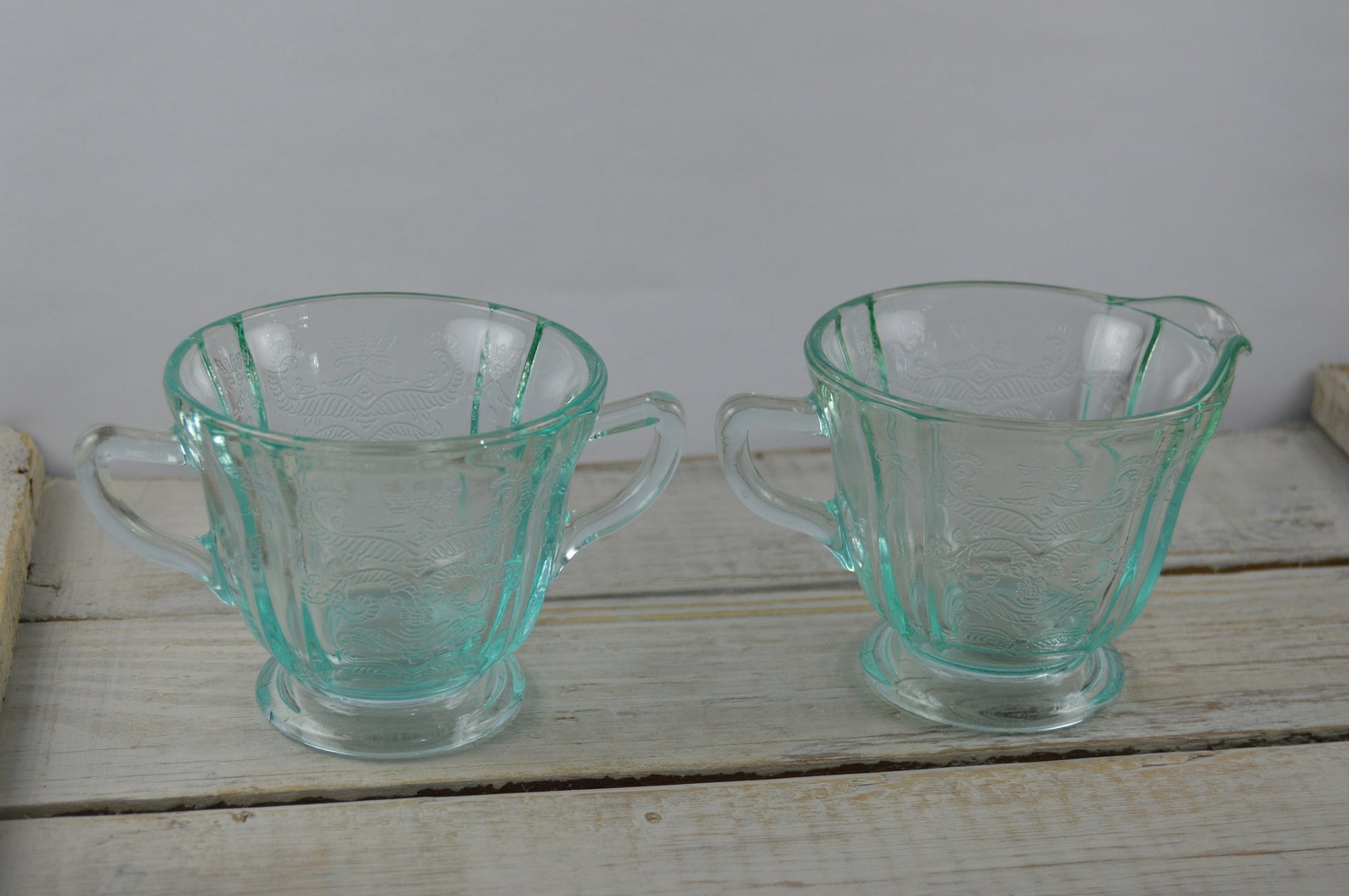 Indiana Glass RECOLLECTION GREEN Teal/aqua Open Sugar Bowl and Creamer ...