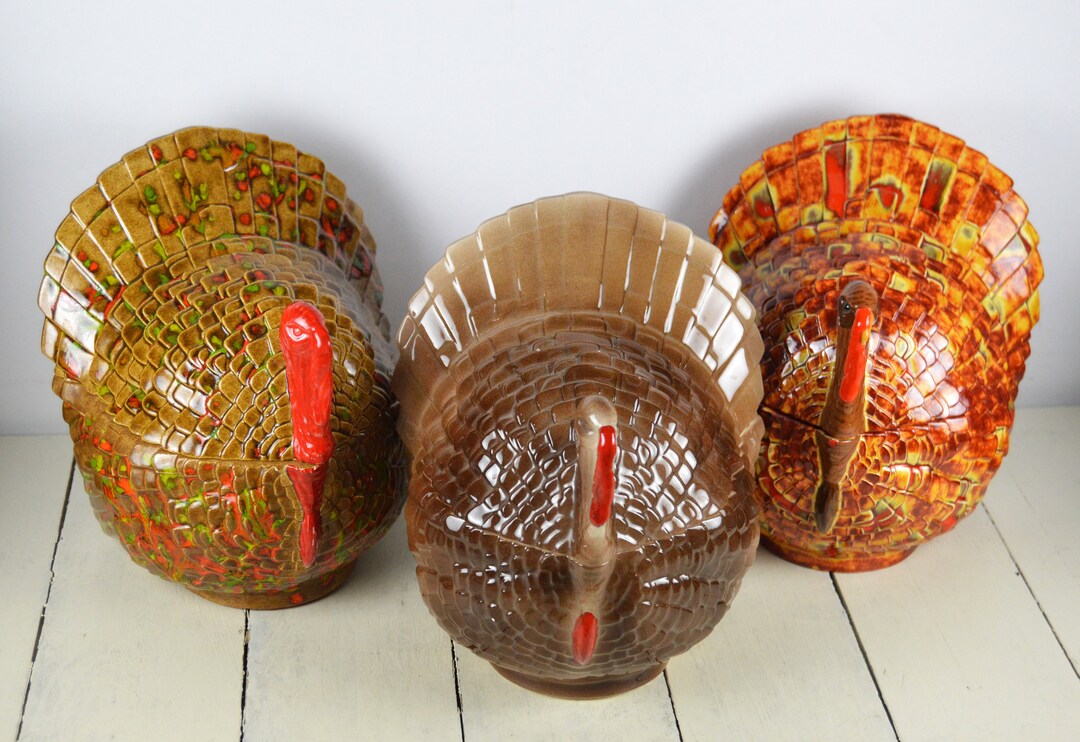 Set of 3 Ceramic TURKEY Covered Candy Dishes 6.75", Hand Painted ...