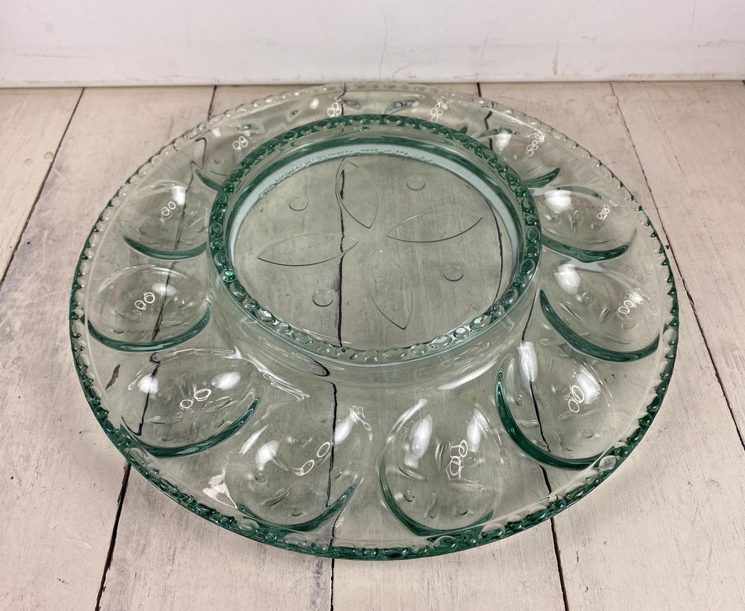 Longaberger Glass 11" Deviled Egg Tray Plate Platter, Green Tint Glass ...