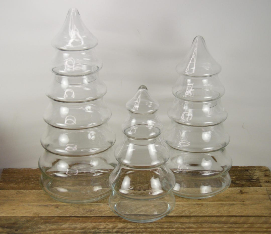 Set of 3 Glass Christmas Tree Candy Treat 2 Piece Jars 12.25" 10.5" 8.5 ...