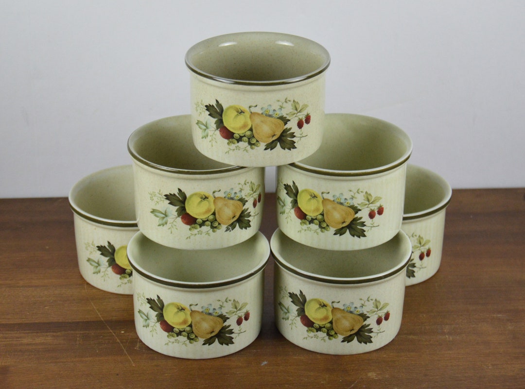 Set of 7 Royal Doulton CORNWALL 6 Oz Ramekins Custard Individual Bakers, Olive Green Band ...