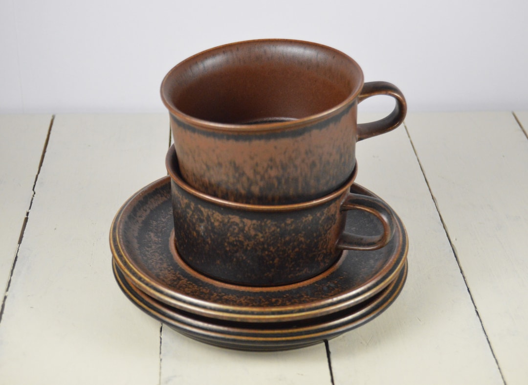 Set of 2 Arabia of Finland RUSKA Flat Cup and Saucers, 9 Oz Cup, Brown ...
