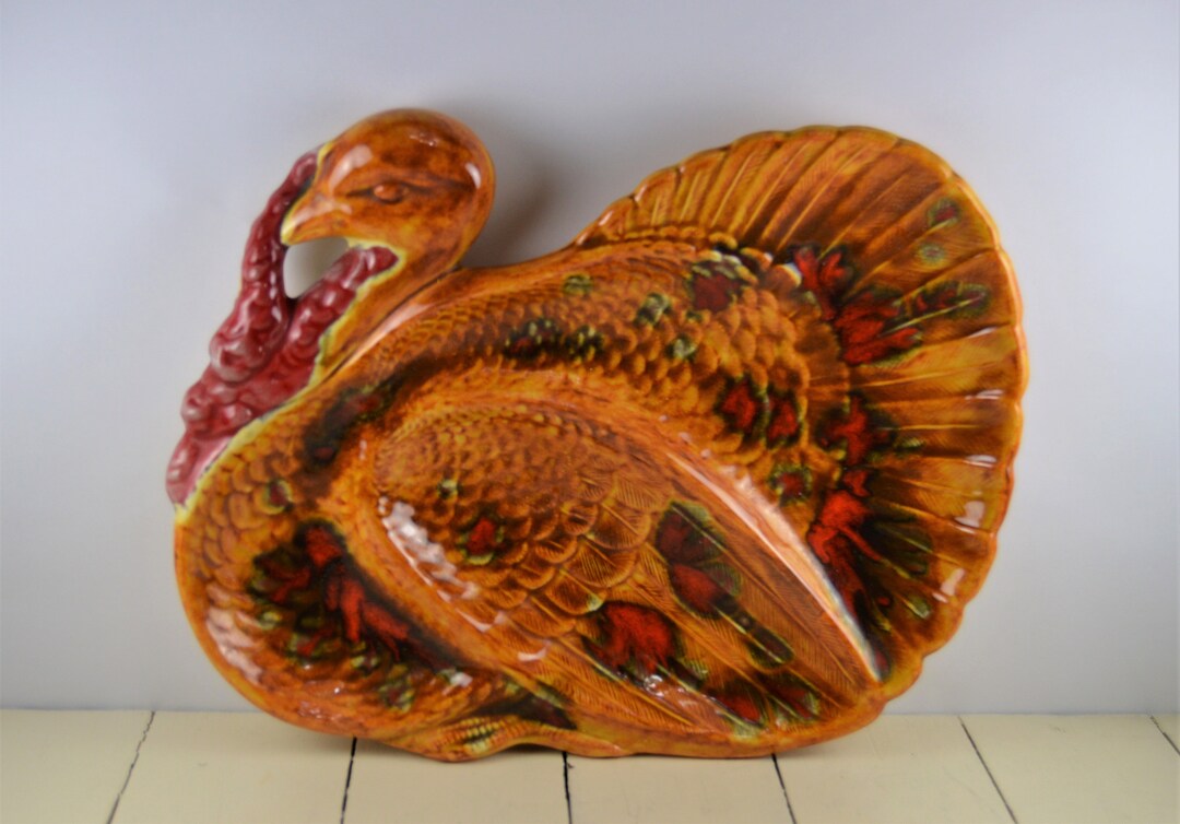 Hand Painted 12.75" TURKEY Divided Plate Platter, Relish Tray, Figural ...
