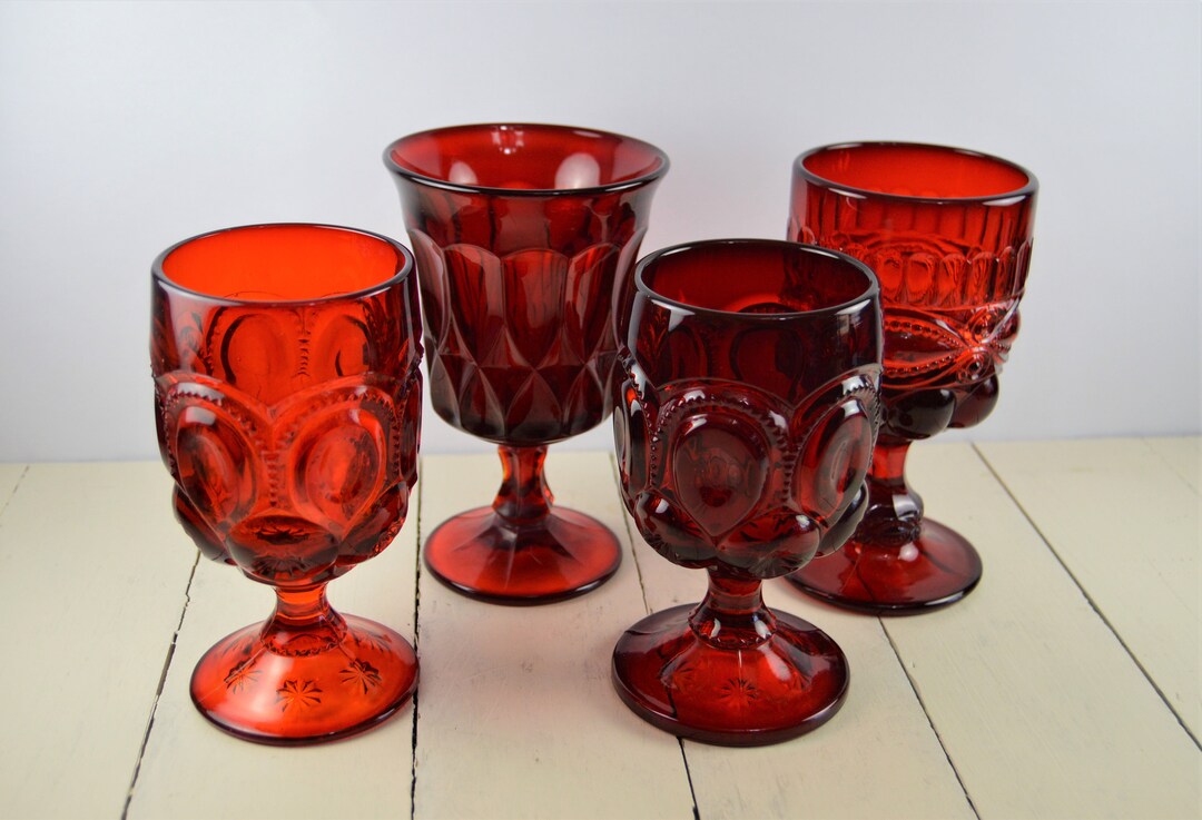 Set of 4 MISMATCHED RED Ruby Glasses, Iced Tea Water Wine Goblets ...