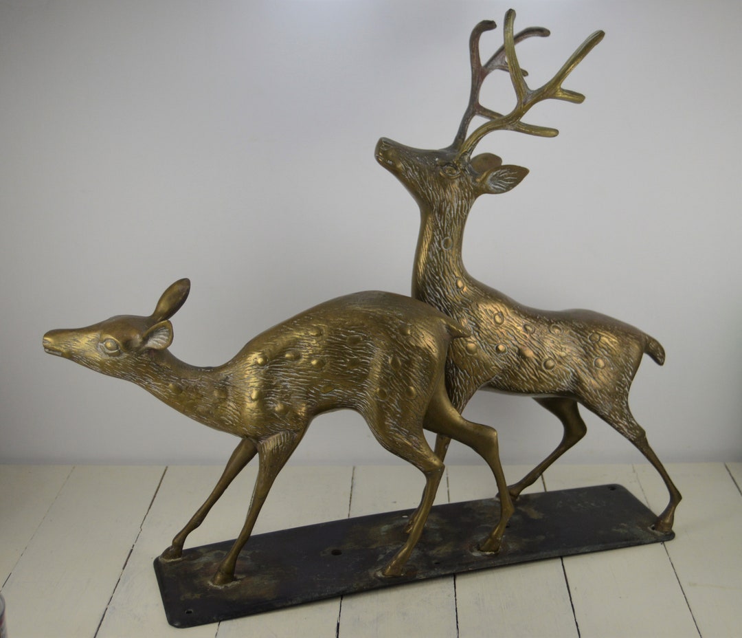 Vintage 16" Brass Buck and Doe Running Statue on Base, Deer Statue ...