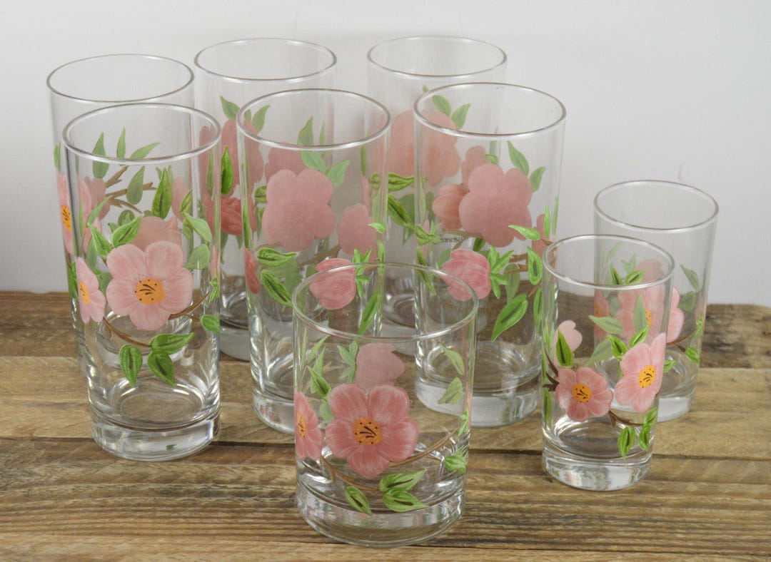 9 Pcs Franciscan DESERT ROSE Glassware, 6) 15 Oz Tumblers 6.25", 2) 6 ...