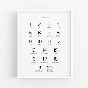 Number Chart 1-20 - Black and White - Children's Bedroom, Nursery or ...