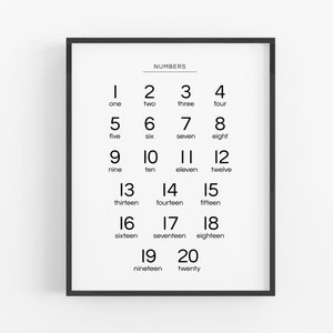 Number Chart 1-20 - Black and White - Children's Bedroom, Nursery or ...