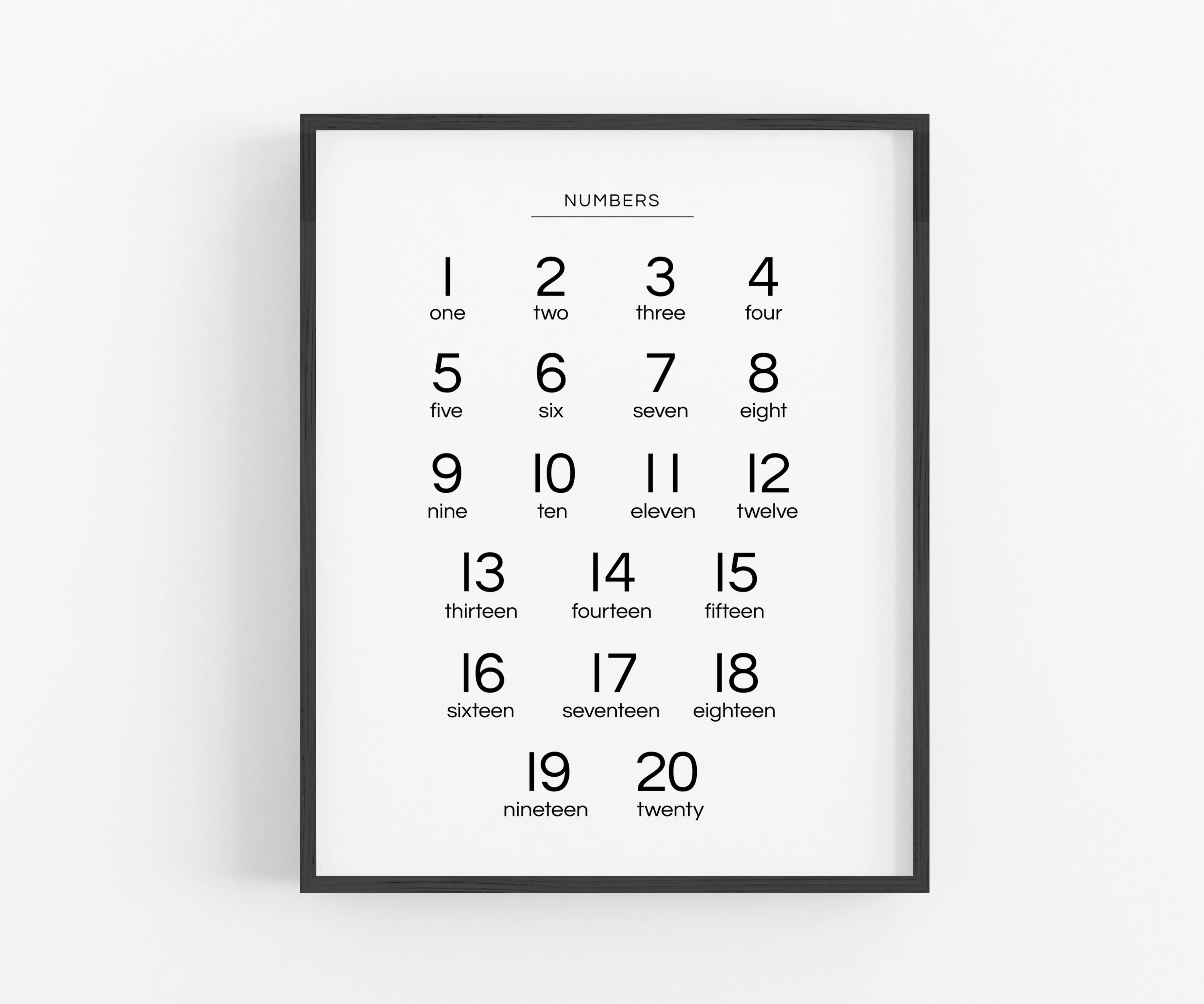Number Chart 1-20 - Black and White - Children's Bedroom, Nursery or ...