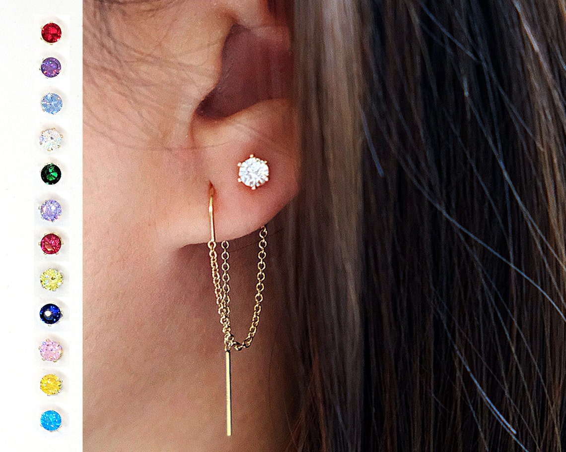 Double Piercing Earring Silver/gold Threader Earrings & - Etsy Canada