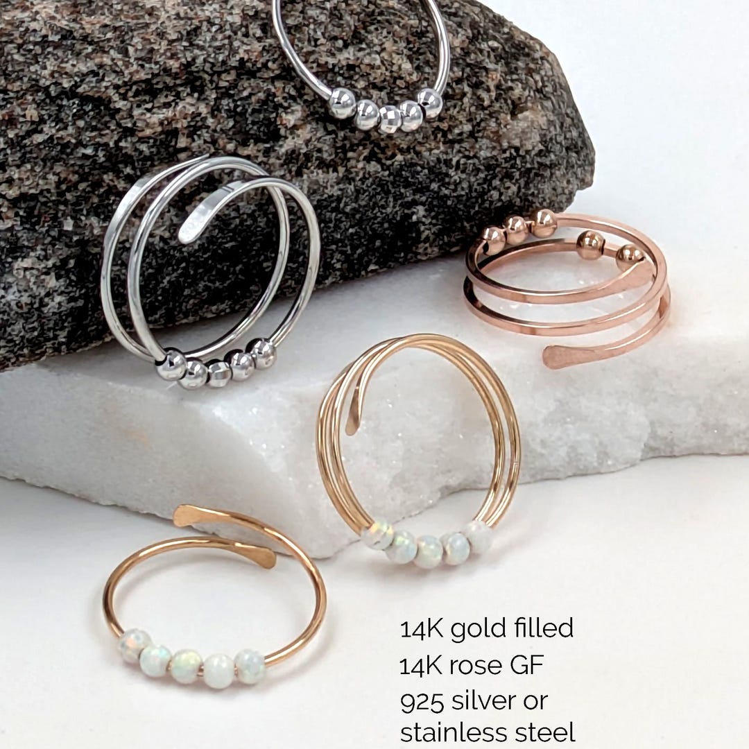 Fidget Ring, Women Fire-opal Ring, Bead Spinner-ring, Spiral Thumb-ring ...