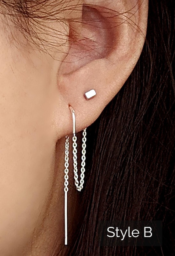 2 in 1 Double Piercing Earrings Sterling Silver Threader Earrings tiny CZ Bar Studs Earrings Geometric Cube Earrings Two Hole Connected Lobe Etsy