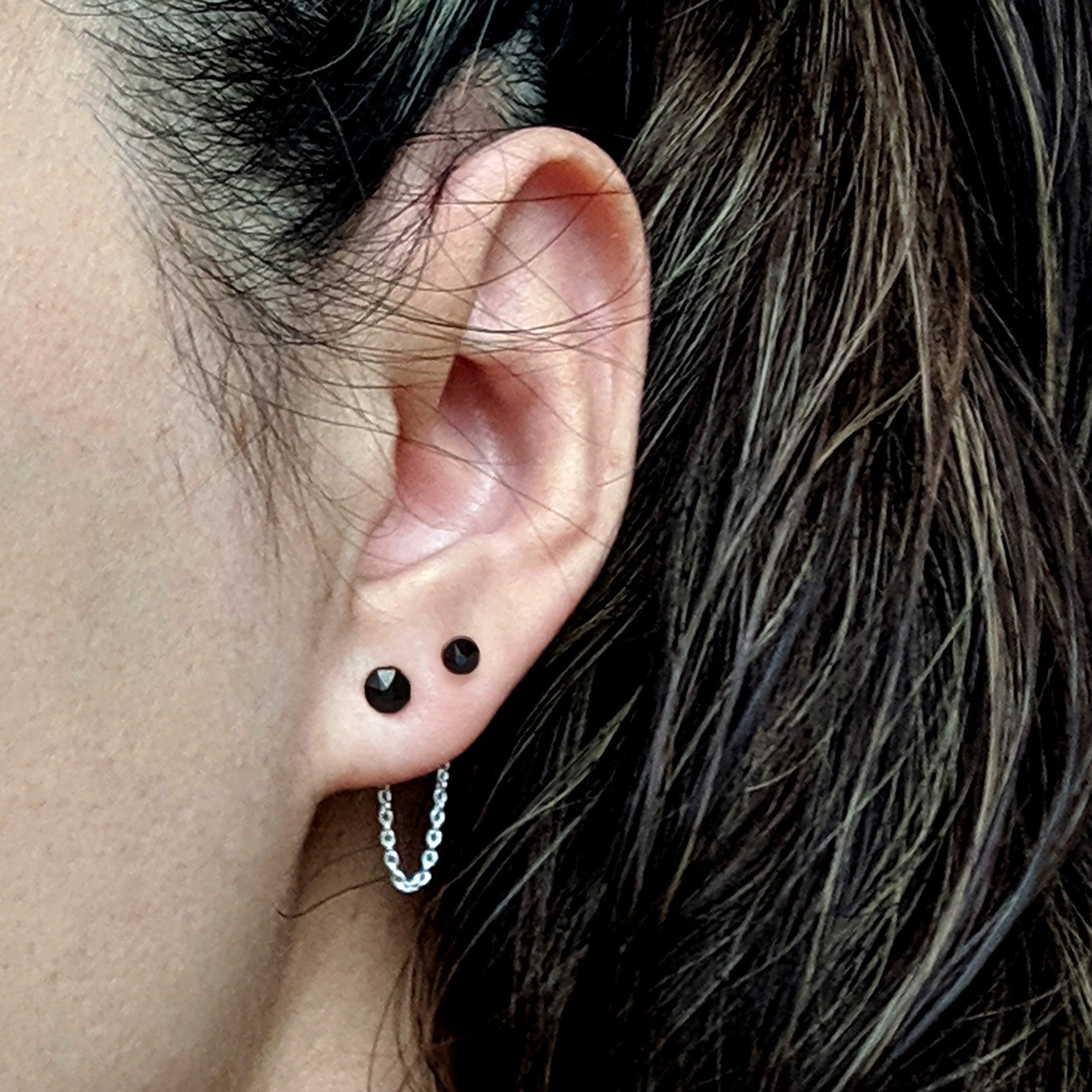 Chain Ear Jacket With Black Studs: Surgical Steel, Double Piercing ...
