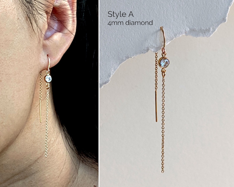 CZ Threader Earrings Gold Filled Hoop Earrings With Charm Chain Dangle ...