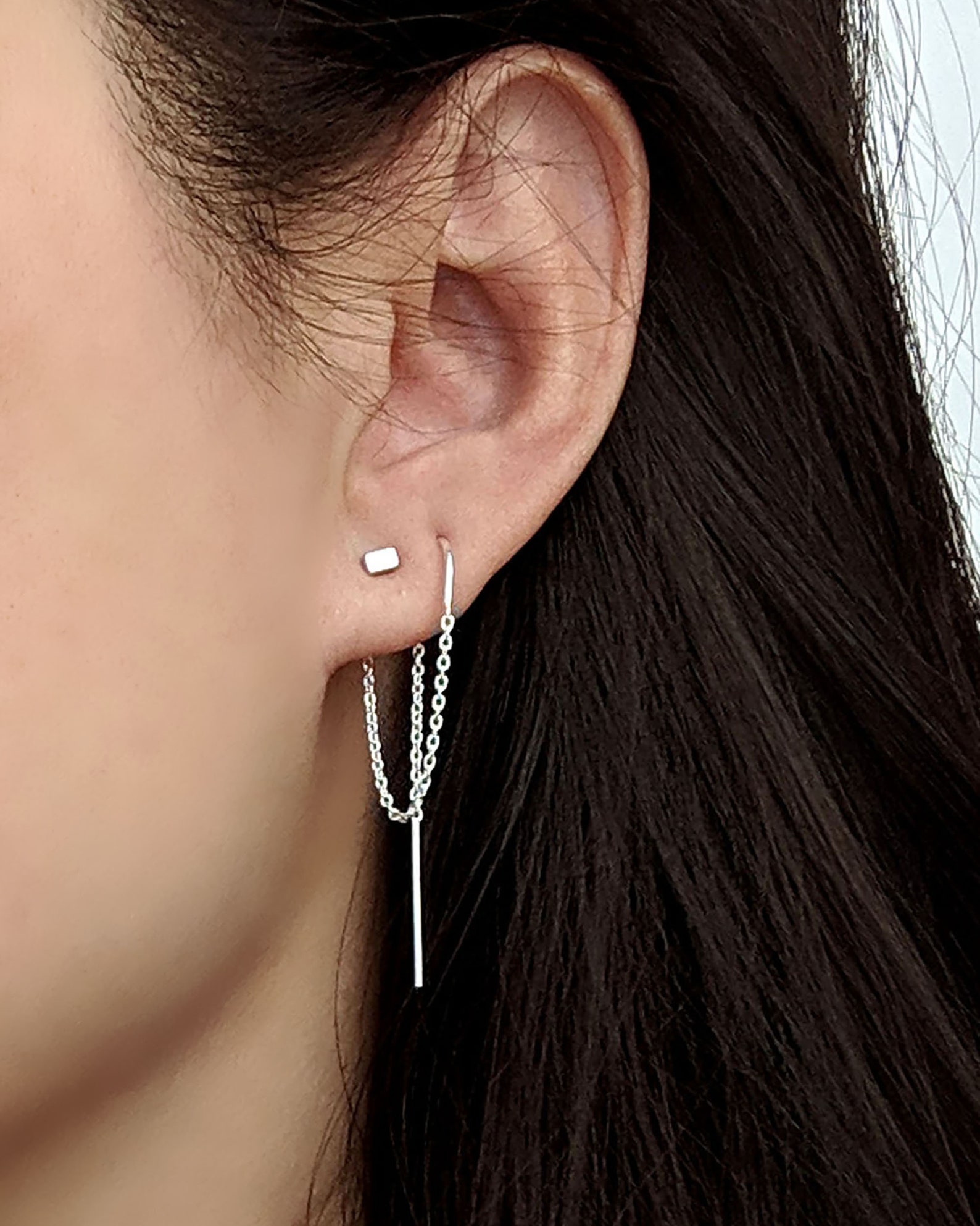 2-in-1 Double piercing earrings Sterling silver threader | Etsy