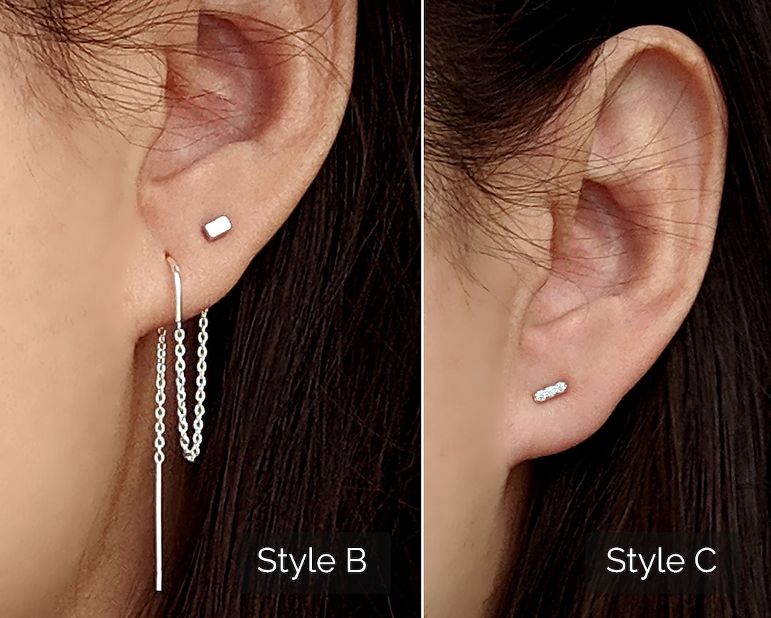 2-in-1 Double Piercing Earrings Sterling Silver Threader Earrings/tiny ...