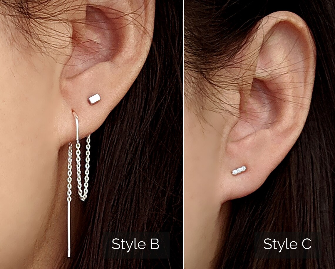 2-in-1 Double Piercing Earrings Sterling Silver Threader - Etsy UK