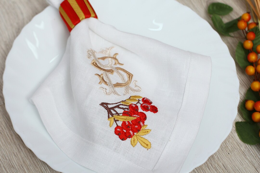 Set of 8 Elegant KS Monogram Embroidered Rowan Dinner Napkins Home ...