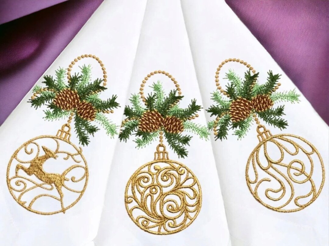 White Linen Christmas Embroidered Napkins Yuletide Decor Holiday Table ...