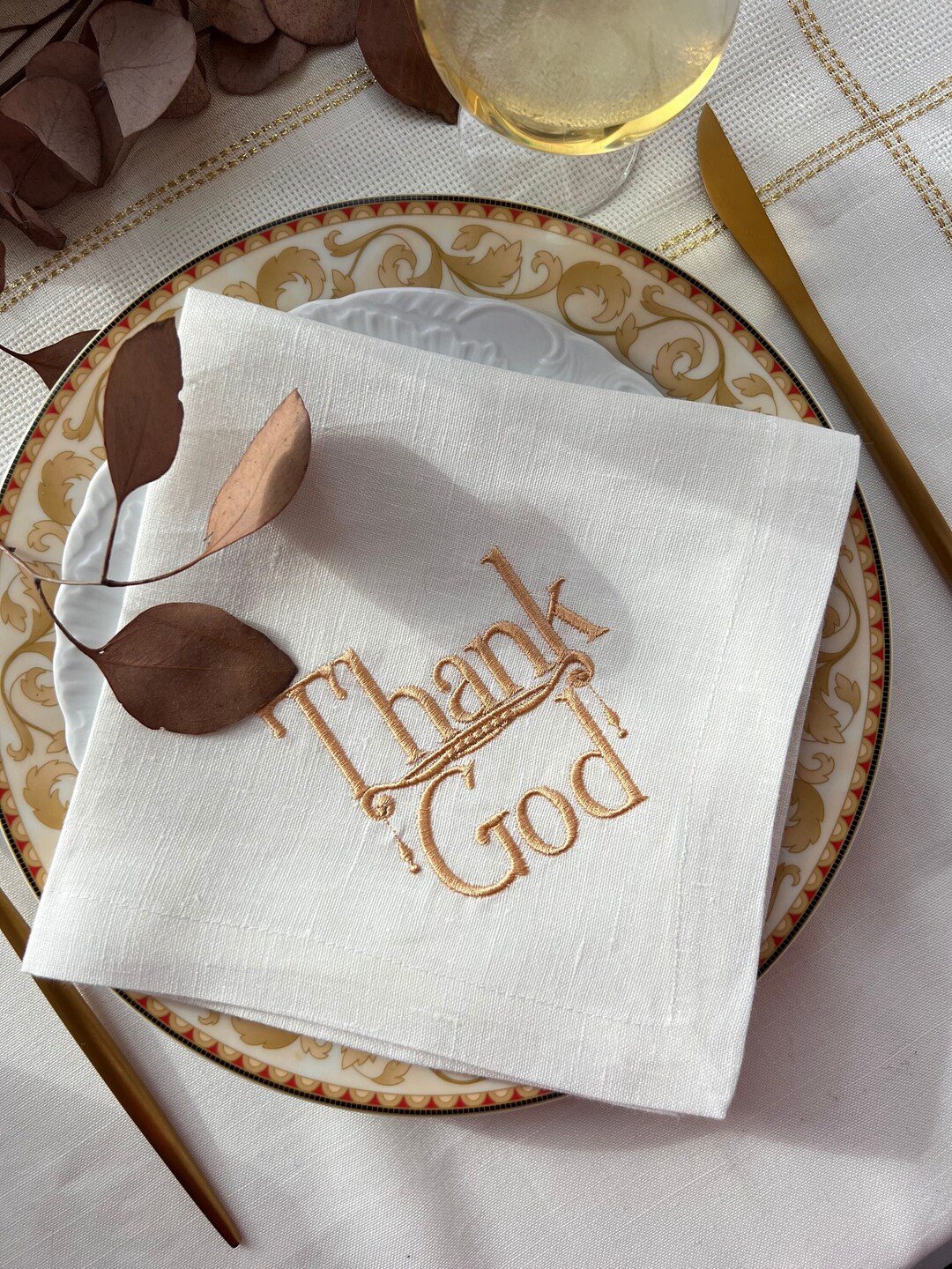 Custom Linen Napkins With "thank God" Embroidery, Embroidered Dinner ...