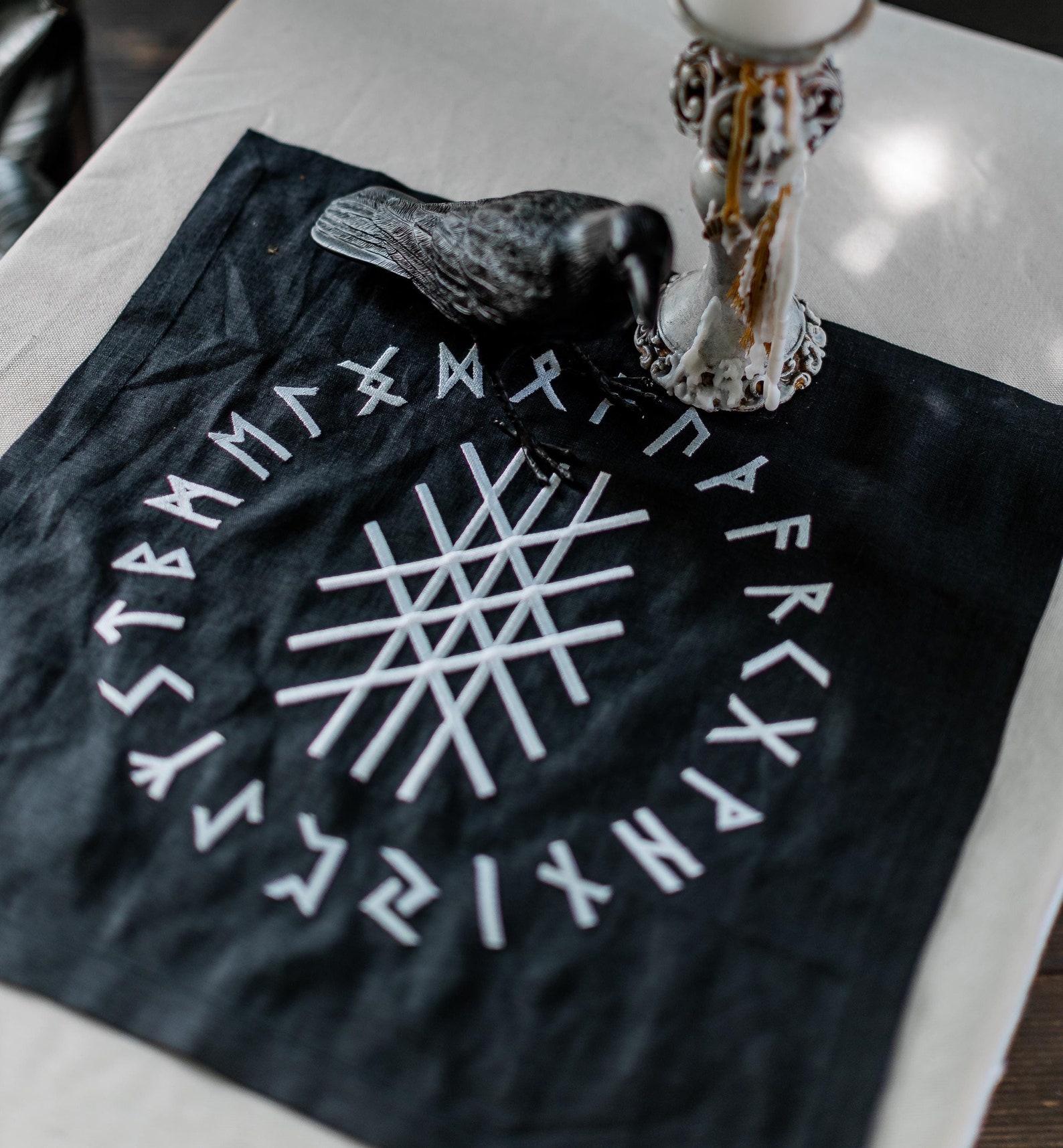 Embroidered Linen Altar Cloth: Web of Wyrd, Runes, Pagan Norse Decor - Etsy