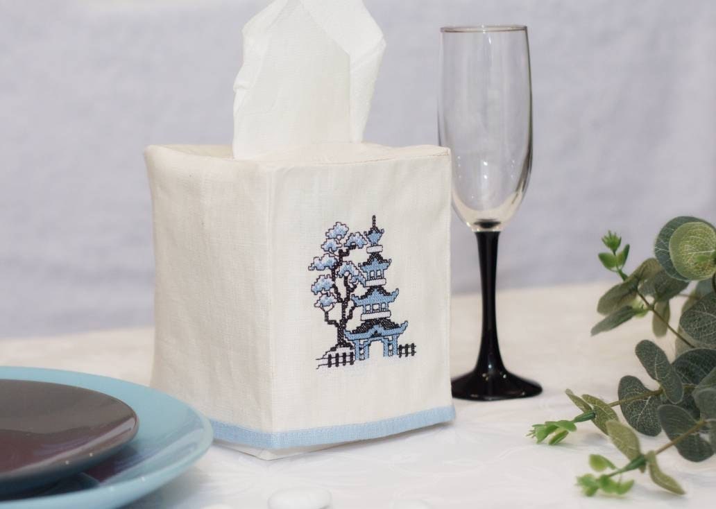 Embroidered Linen Tissue Box Cover: Pagoda Chinoiserie Decor - Etsy