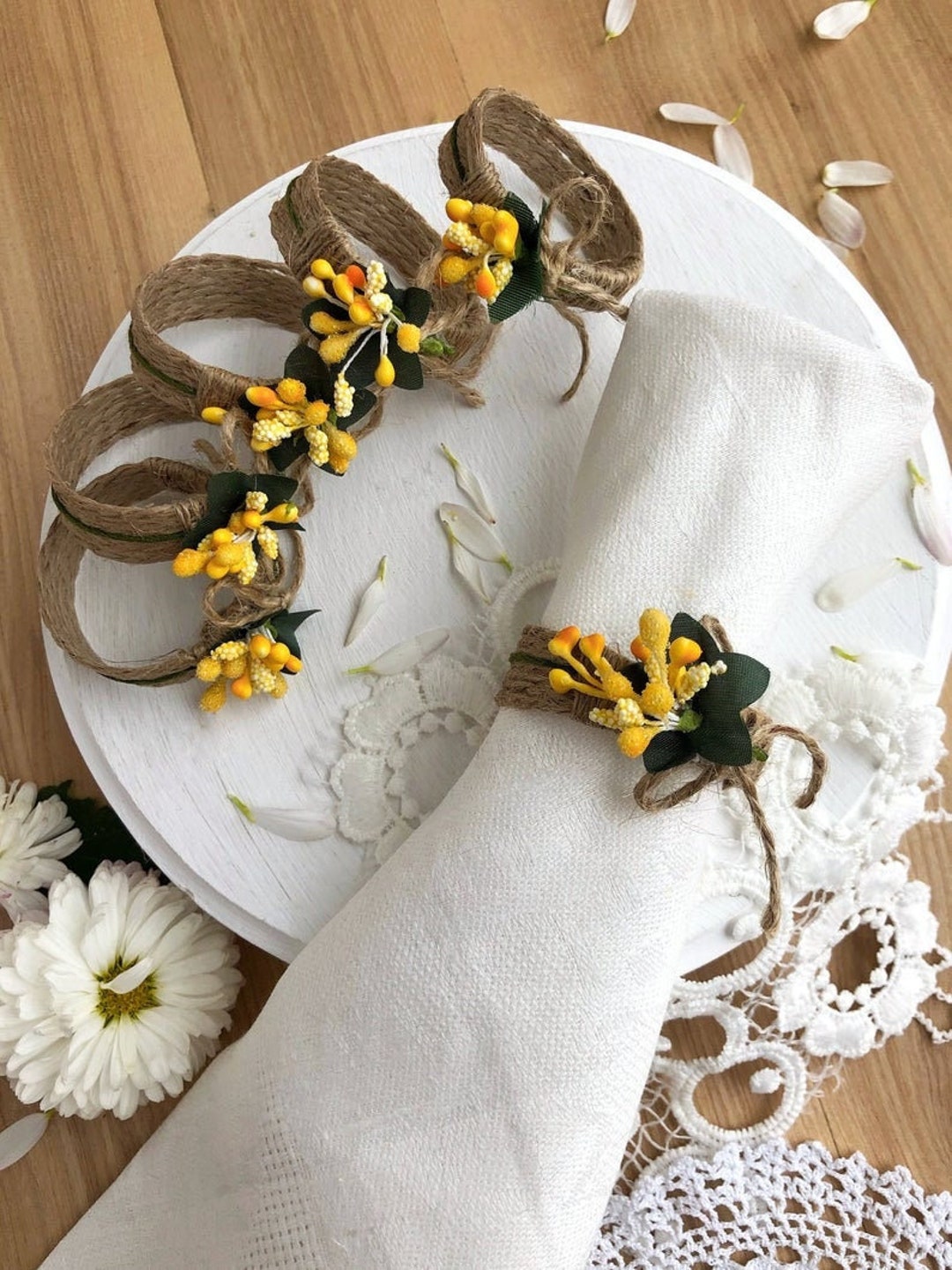 Yellow Rustic Jute Napkin Rings With Colorful Floral Decorations, Twine ...