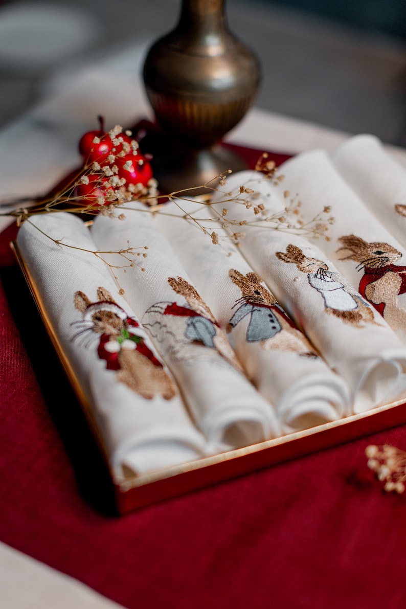 Peter Rabbit Embroidered Linen Napkins, Winter Storybook Table Decor ...