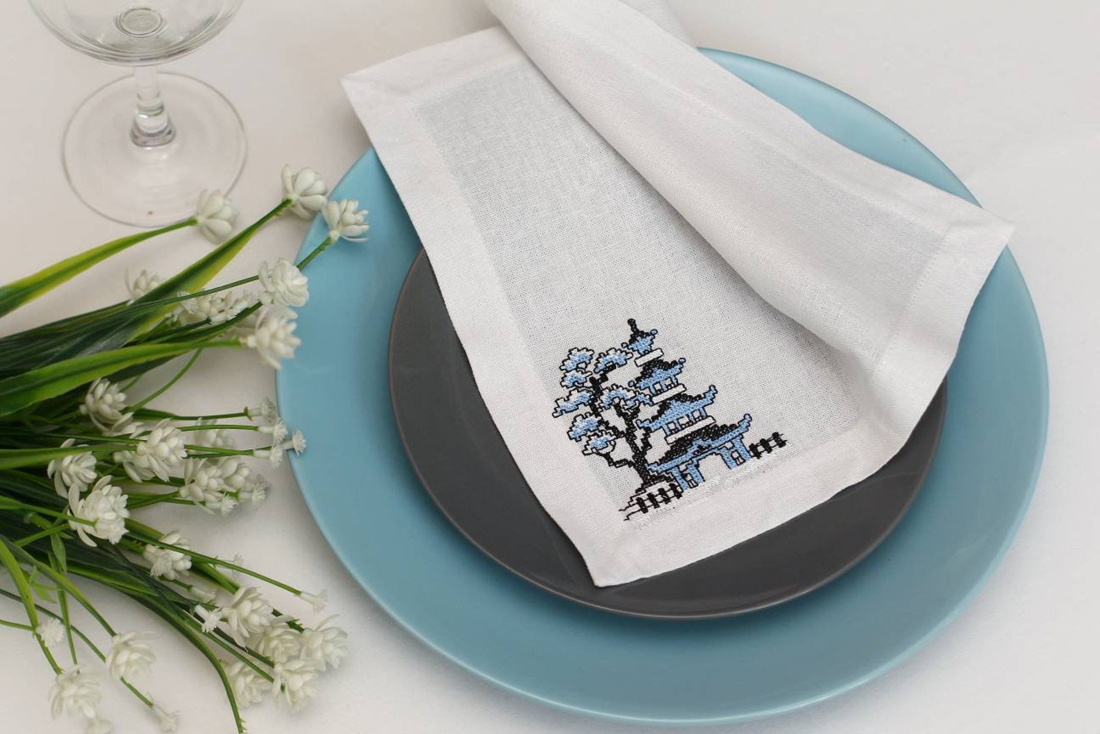 Chinese Pagoda Linen Dinner Napkins, Personalized Linen Napkins ...