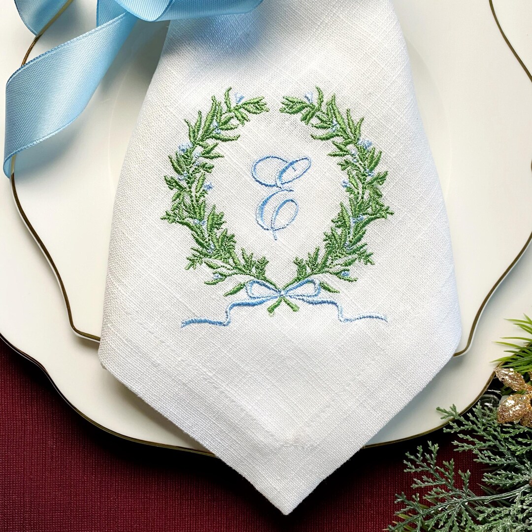 Embroidered Linen Napkins With Monogram, Christmas Personalized Holiday ...