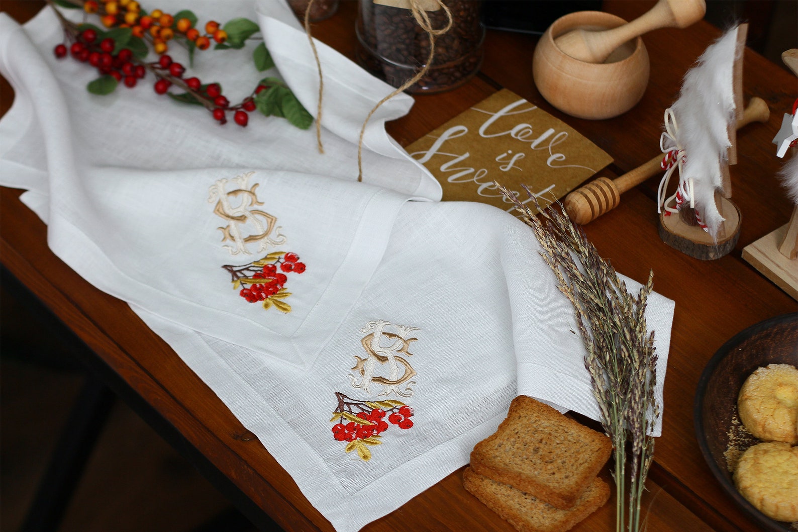 Set of 8 Elegant KS Monogram Embroidered Rowan Dinner Napkins | Etsy