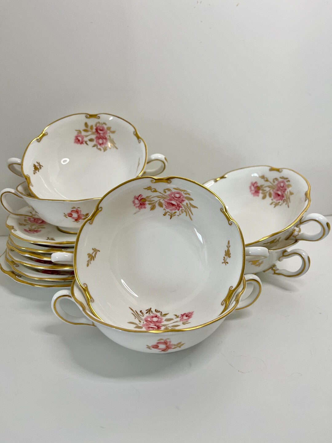 Pinxton Bowls by Royal Crown Derby , Pink Rose Set of Six Bowls, Gold ...