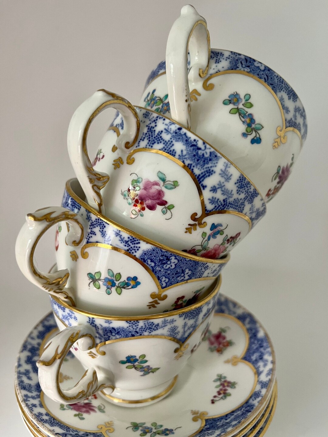 Teacup and Saucer, Blue With Florals, George Jones, Crescent China, Set ...